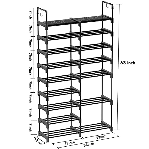 UMBFUN 9 Tiers Shoes Rack Organizer for Entryway Hold 32-40 Pairs Shoes and Boots Black Metal Garage Shoes Storage Tall Stackable Free Standing Big Shoe Rack for Closet with 4 Hooks(2x9)