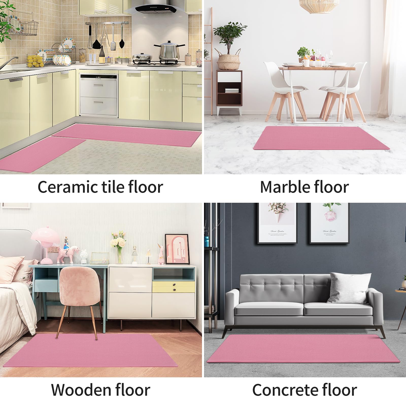 AUTODECO Kitchen Mats and Rugs Set of 2 - Cushioned Anti-Fatigue Kitchen Rug for Floor Washable 17"x29" +17"x59", PinkRed