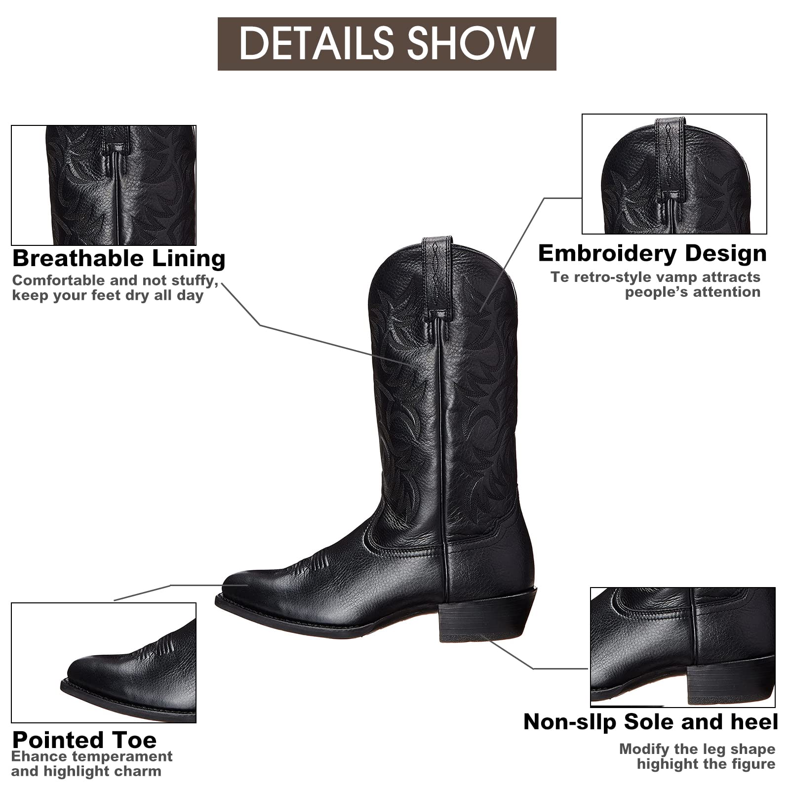 femflame Cowboy Boots for Men Square Toe Distressed Work boots Embroidered Western Boots Traditional Country Boot