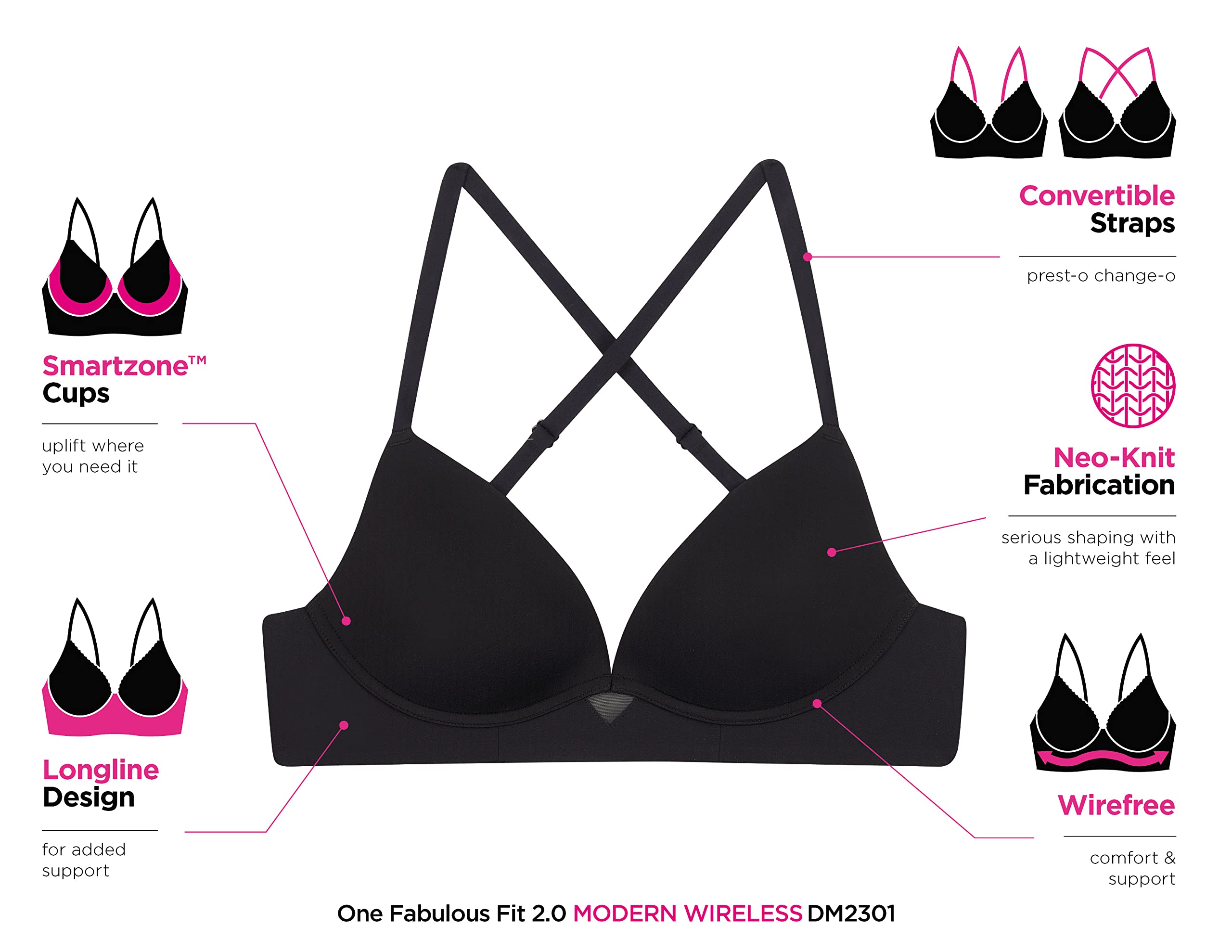 Maidenform Women's One Fab Fit Wireless Demi Bra with Convertible Straps and Lightly Lined Cups, Black, 32DD