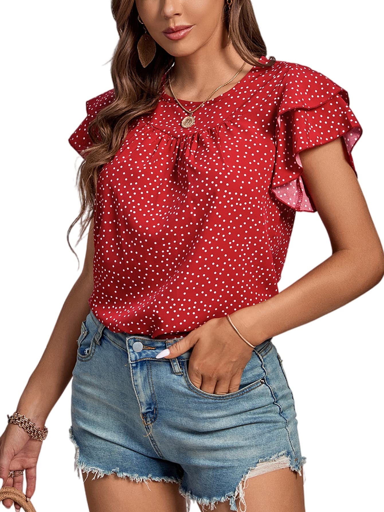 LYANER Women's Polka Dots Scoop Neck Layer Ruffle Trim Short Sleeve Blouse Shirt Top Red Medium