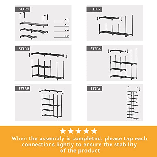 UMBFUN 9 Tiers Shoes Rack Organizer for Entryway Hold 32-40 Pairs Shoes and Boots Black Metal Garage Shoes Storage Tall Stackable Free Standing Big Shoe Rack for Closet with 4 Hooks(2x9)