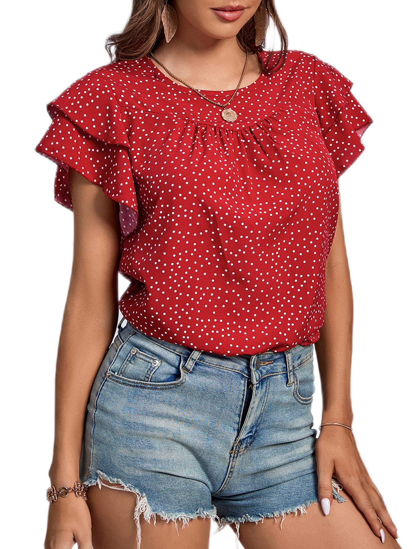 LYANER Women's Polka Dots Scoop Neck Layer Ruffle Trim Short Sleeve Blouse Shirt Top Red Medium
