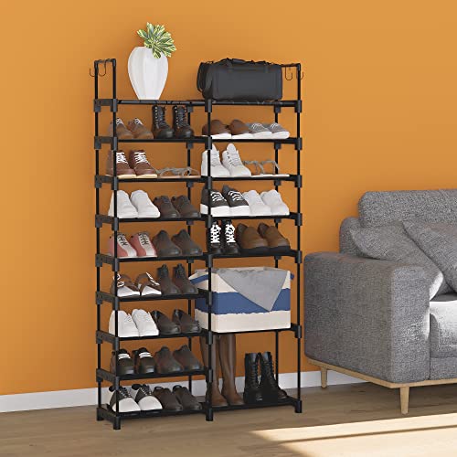 UMBFUN 9 Tiers Shoes Rack Organizer for Entryway Hold 32-40 Pairs Shoes and Boots Black Metal Garage Shoes Storage Tall Stackable Free Standing Big Shoe Rack for Closet with 4 Hooks(2x9)