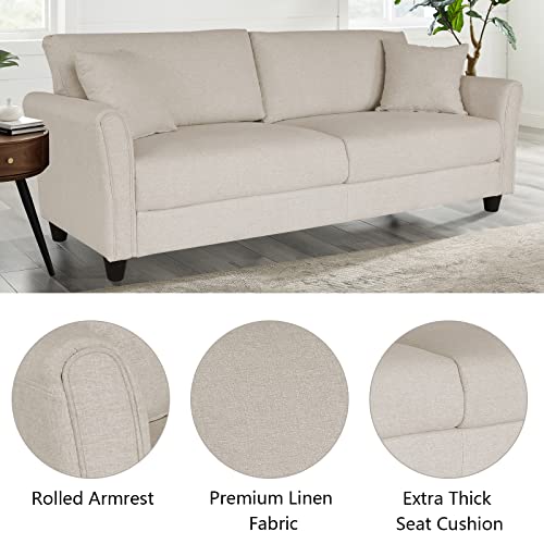 mikibama Linen Fabric Sofa 85 Inches Mid-Century Modern Couch 3 Seater Sofa with 2 Throw Pillows Upholstered Sofa with Rolled Armrest for Living Room, Apartment, Bedroom (Beige)
