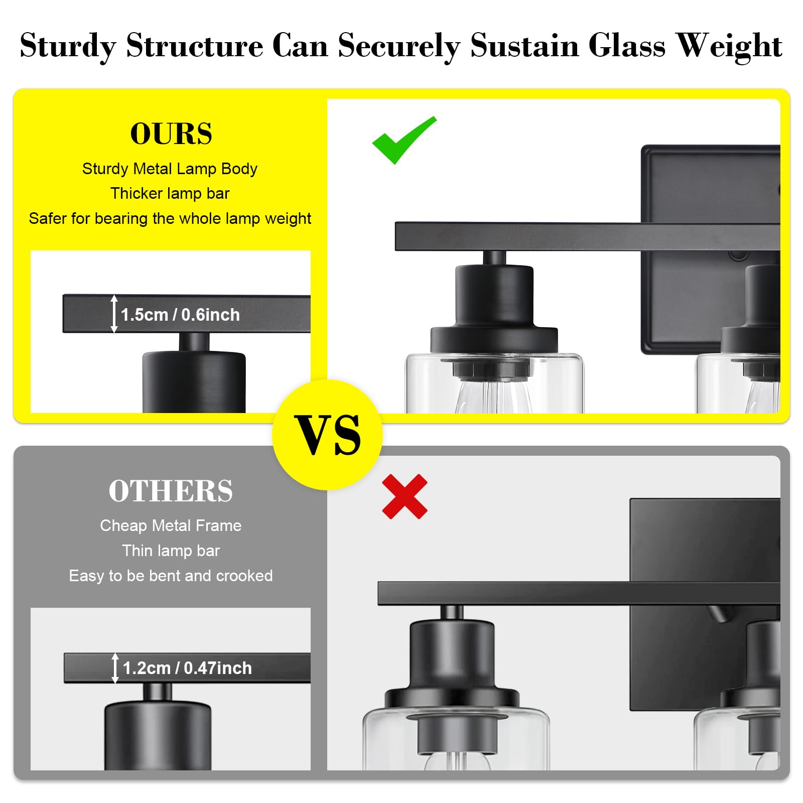 Ascher Bathroom Vanity Light Fixtures, 3 Light Wall Sconces Lighting with Clear Glass Shade, Black Wall Lights for Mirror, Kitchen, Living Room, Gallery, Hallway, E26 Base (Bulbs Not Included)