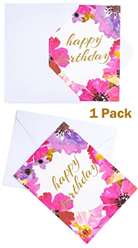 WRAPAHOLIC 13" Large Gift Bag with Card and Tissue Paper - Floral Gold Foil Happy Birthday