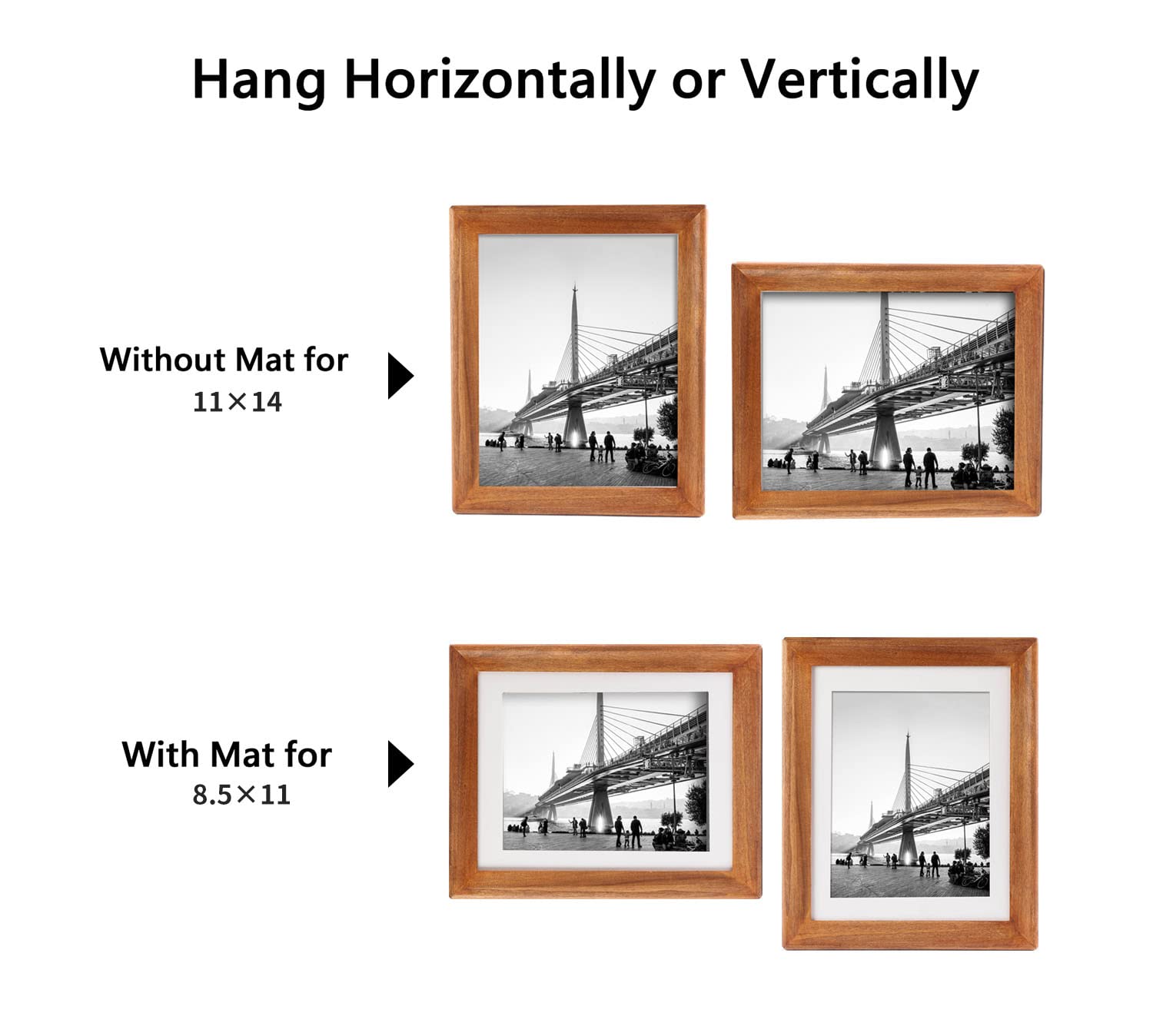 Fzyonghe 11x14 Picture Frame Display Pictures with Mat 8.5x11 or 11x14 Without Mat,Vertical or Horizontal for Wall or Tabletop Display