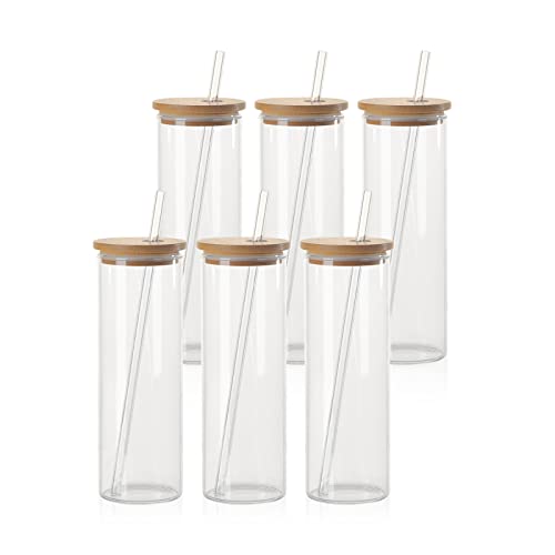 PYD Life Sublimation Glass Blanks Tumbler Skinny Straight Clear 20 OZ with Bamboo Lid and Glass Straw Jar Tumbler Cups Mugs for Tumbler Heat Press 6 Pack