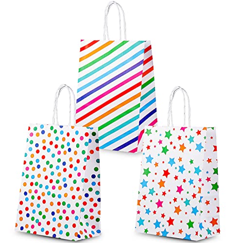 24 Pcs Kraft Paper Rainbow Party Favor Bags with Handle, Stickers Assorted Colors Cute Dots Stars, Small Gift Bags Bulk, Goodie Bags for Kids Birthday, Wedding, Baby Shower, Crafts and Party Supplies