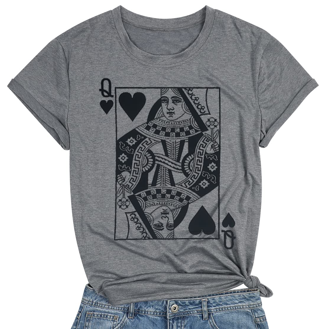 Queen of Hearts T-Shirt for Women Funny Vintage Graphic Tees Cool Cute Queen Tee Casual Short Sleeve Tops Shirts (XL, Gray)