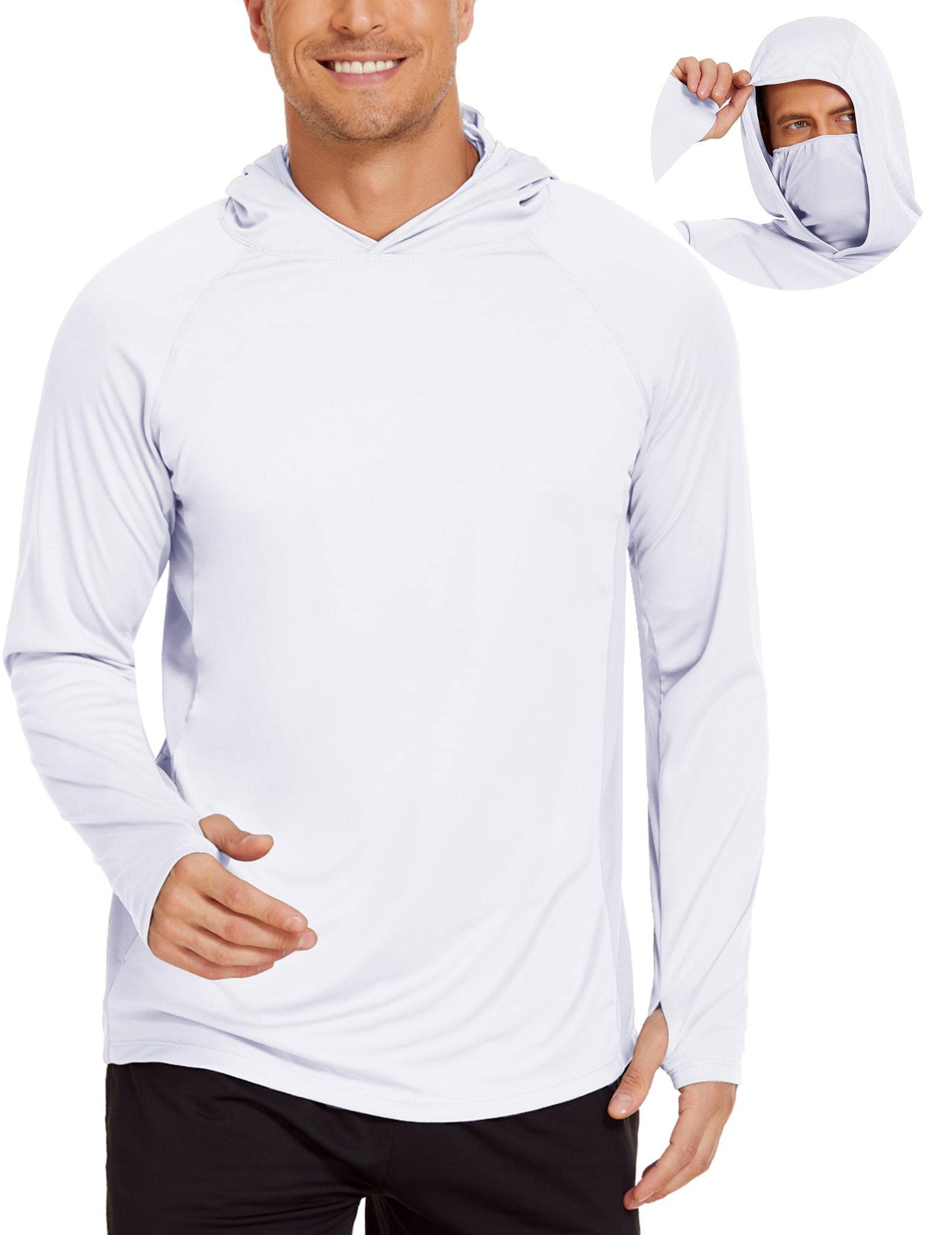 Hooded Fishing Shirts for Men UPF 50+ Long Sleeve Hoodie with Mask Lightweight SPF Sweatshirts Rash Guard Camo Neck Gaiter