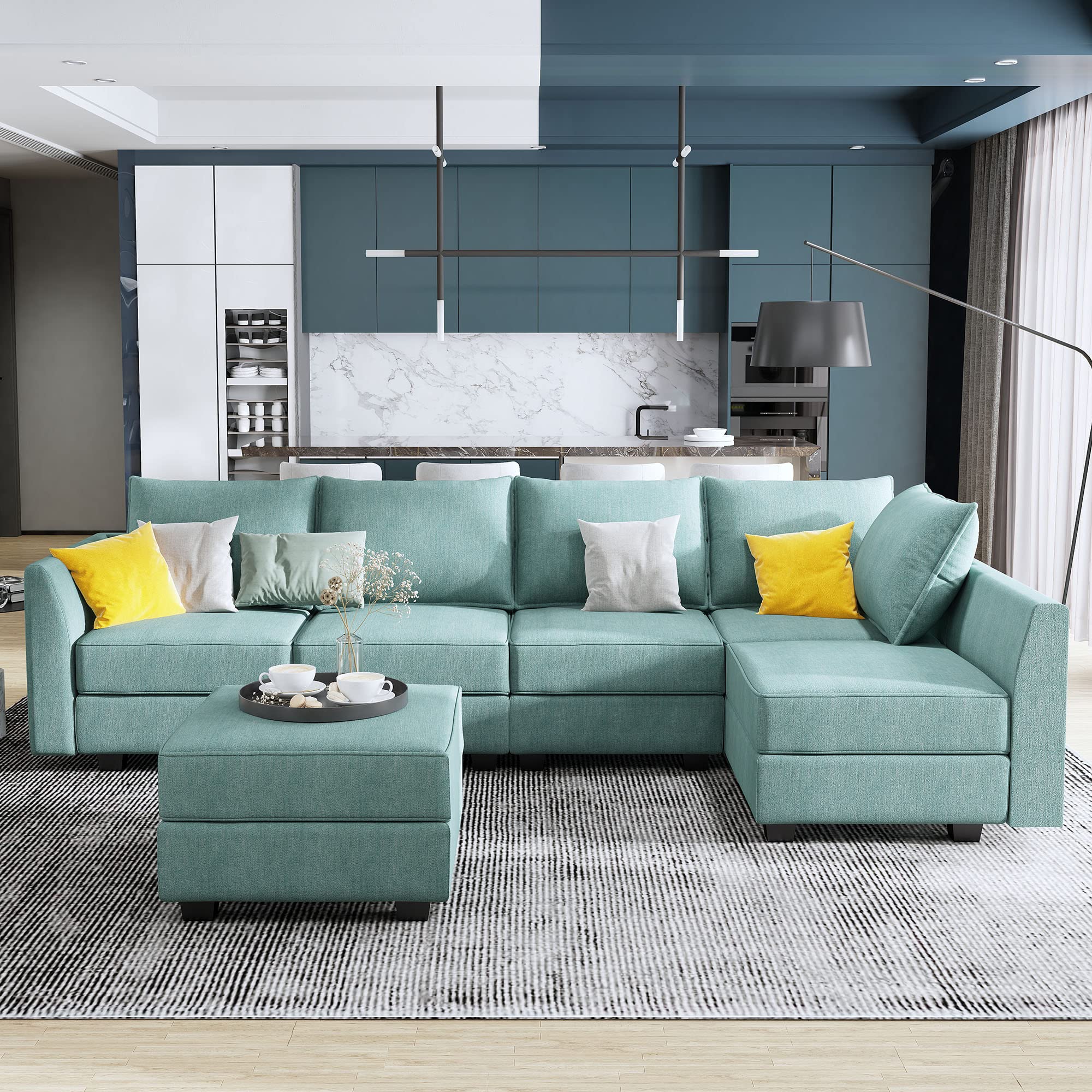 HONBAY Convertible Sectional Sofa with Ottman Set Modular Sectional Couch with Reversible Chaise L Shaped Modular Sofa with Storage Seats for Living Room, Aqua Blue
