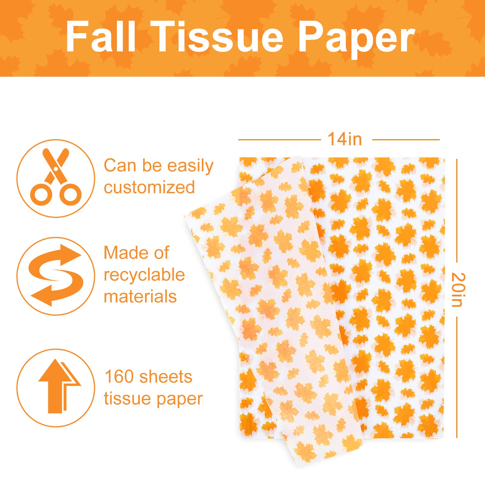 Whaline 160 Sheets Fall Tissue Paper Folded Flat Pumpkin Wrapping Paper Thanksgiving Gift Wrapping Tissue Paper Rustic Art Paper Crafts for Home DIY Gift Bags Party Favor Autumn Decor, 14 x 20inch