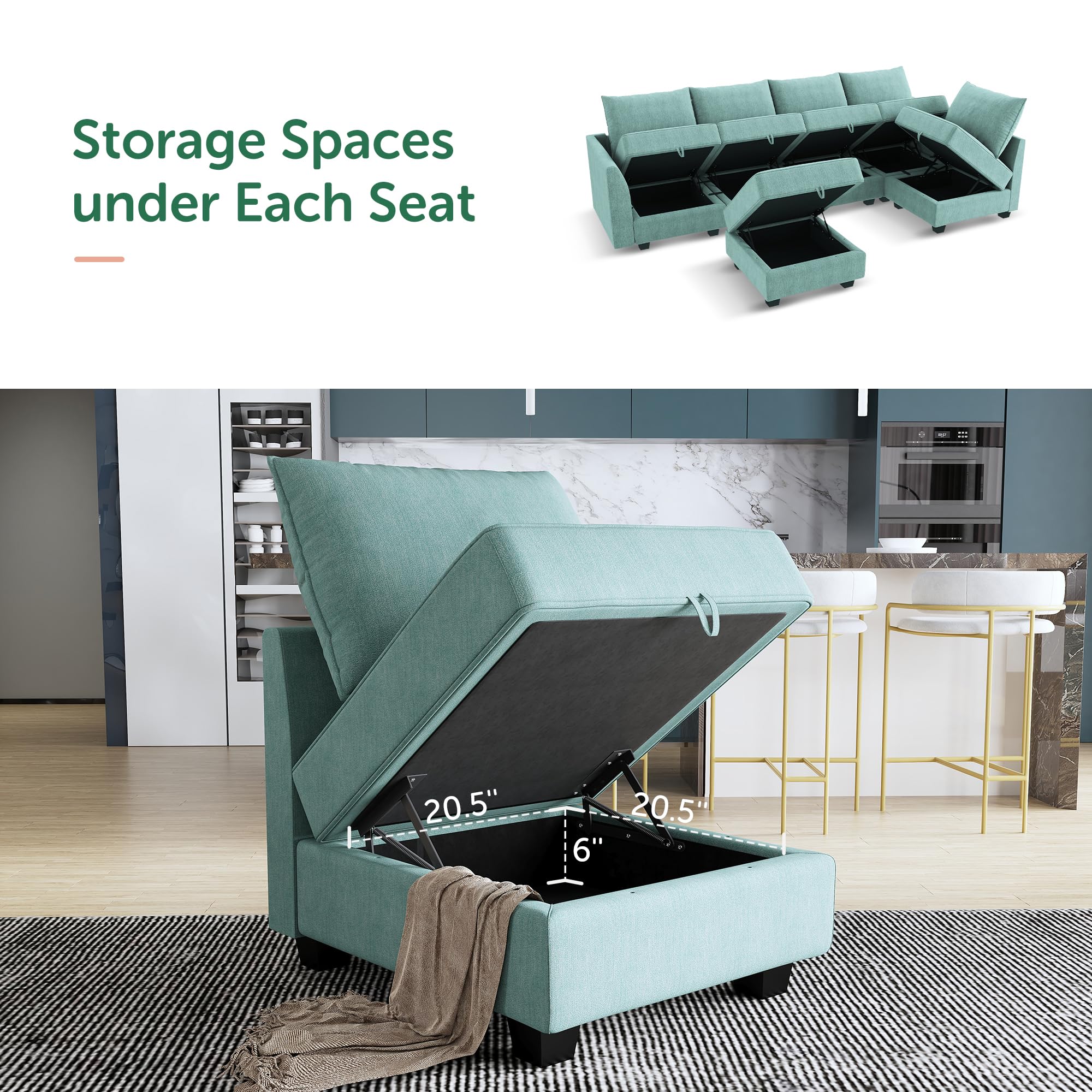 HONBAY Convertible Sectional Sofa with Ottman Set Modular Sectional Couch with Reversible Chaise L Shaped Modular Sofa with Storage Seats for Living Room, Aqua Blue