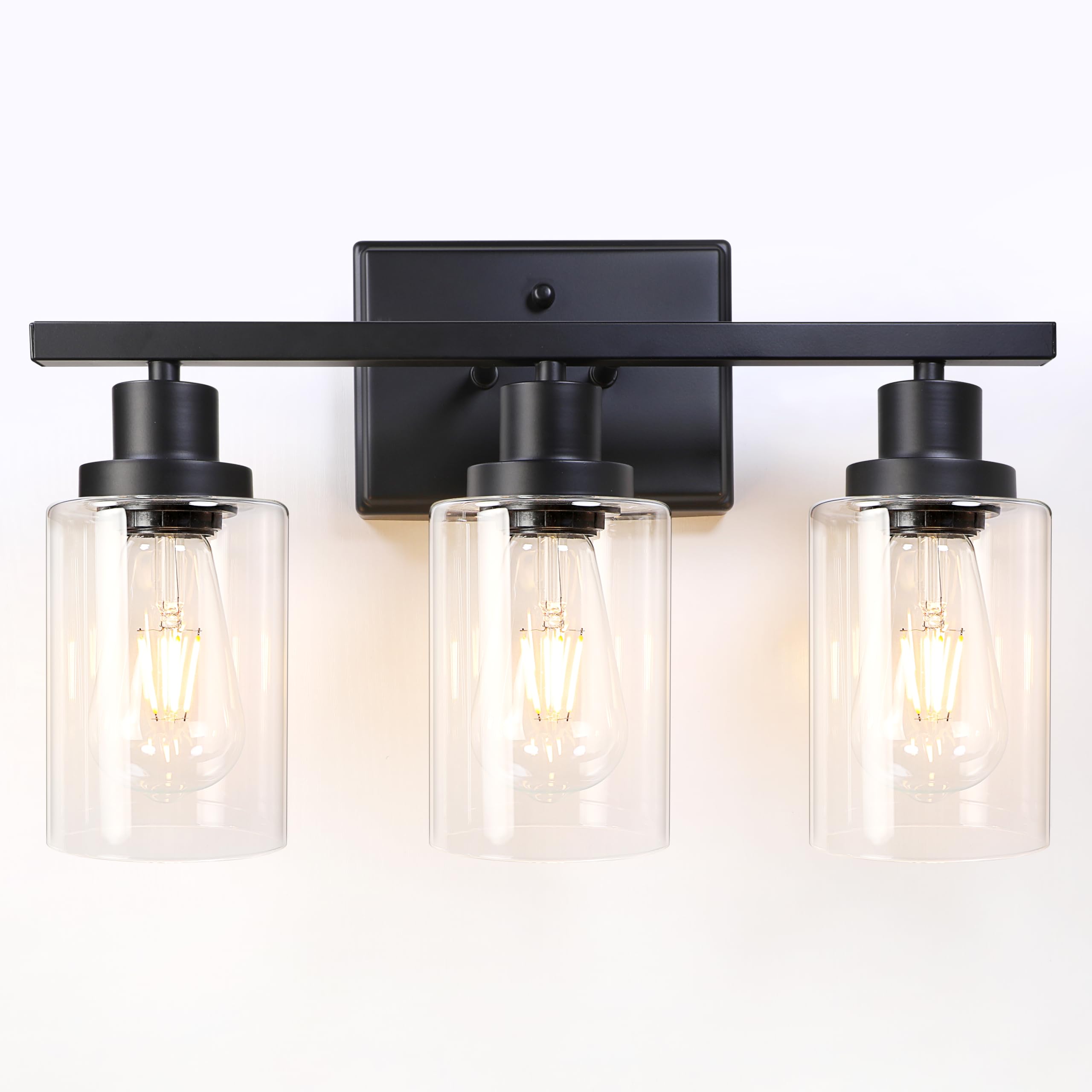 Ascher Bathroom Vanity Light Fixtures, 3 Light Wall Sconces Lighting with Clear Glass Shade, Black Wall Lights for Mirror, Kitchen, Living Room, Gallery, Hallway, E26 Base (Bulbs Not Included)