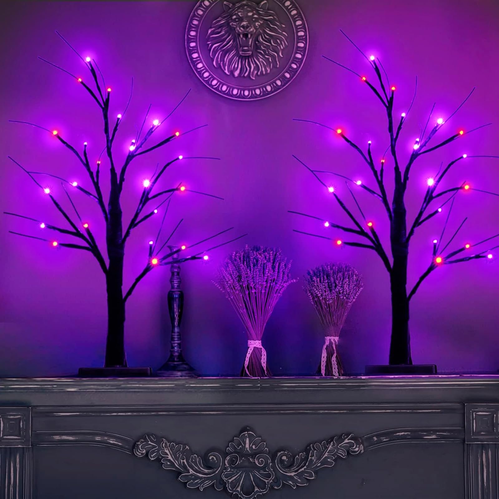 Halloween Decorations Indoor, 2-Pack 2FT Lighted Black Halloween Tree with 48 LED Orange & Purple Lights, Timer Function Battery Operated Halloween Trees Lights Spooky Tree for Tabletop Home Party