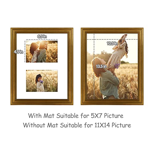 Frametory, 11x14 Picture Frame - for Two 5x7 Photos, Two Opening White Mat - Wall Display - Great for Wedding, Graduation, Engagement Photographs - Dark Gold
