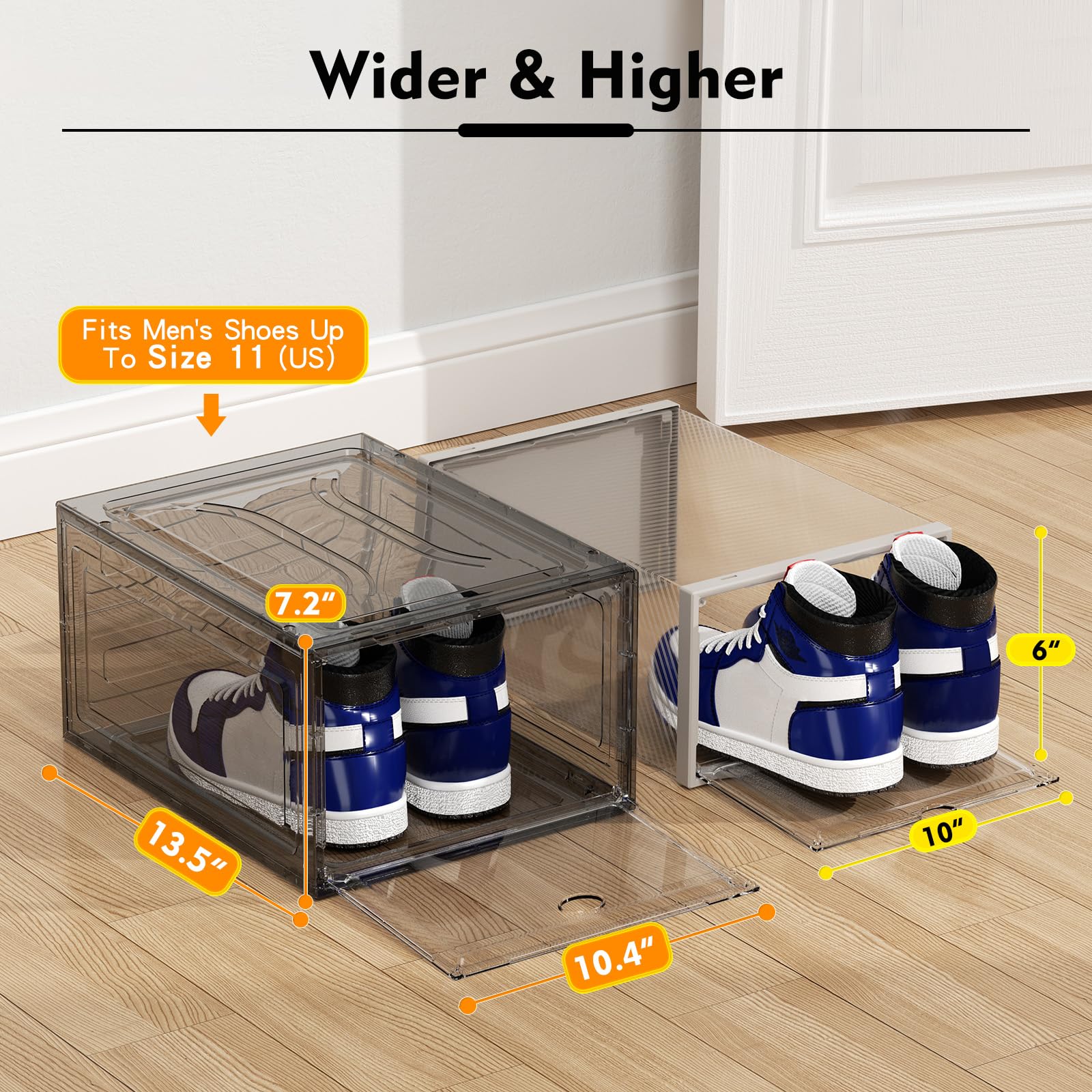 ARSTPEOE Upgrade Harder Solid Plastic Shoe Organizer, Shoe Storage with Magnetic Front Door, Shoe Rack 6 Pack Shoe Boxes Clear, Sneaker Storage, Shoe Organizer for Closet, Shoe Display Case, Black