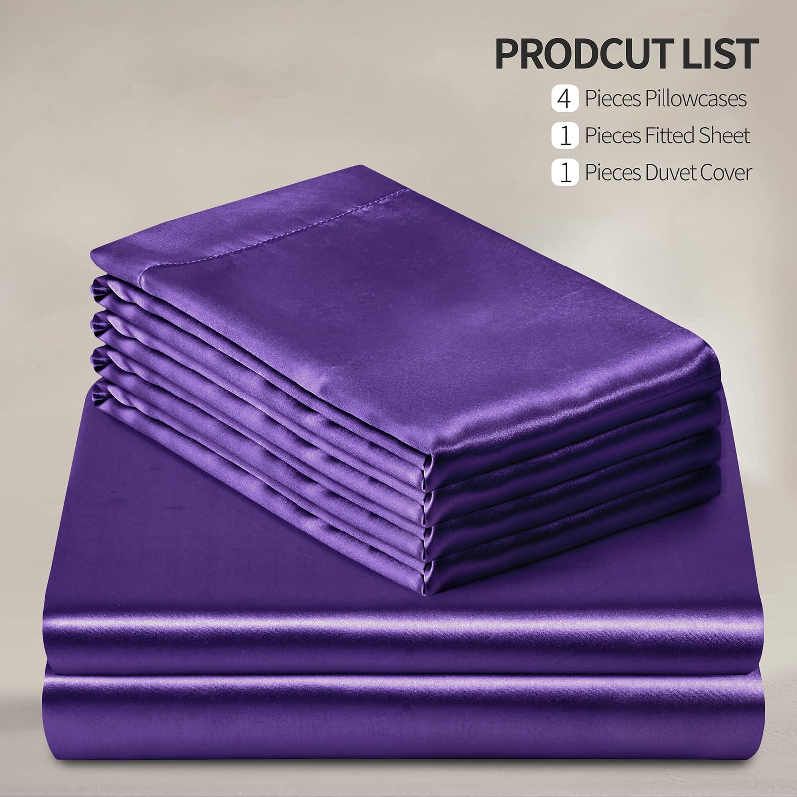 Manyshofu 6Pcs Dark Purple Duvet Cover Set Queen Size with Satin Fitted Sheet - Not Comforter, Cooling Satin Duvet Cover Sheets Silky Comforter Cover Set(4 Pillowcases, 1 Duvet Cover, 1 Fitted Sheet)