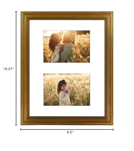 Frametory, 11x14 Picture Frame - for Two 5x7 Photos, Two Opening White Mat - Wall Display - Great for Wedding, Graduation, Engagement Photographs - Dark Gold