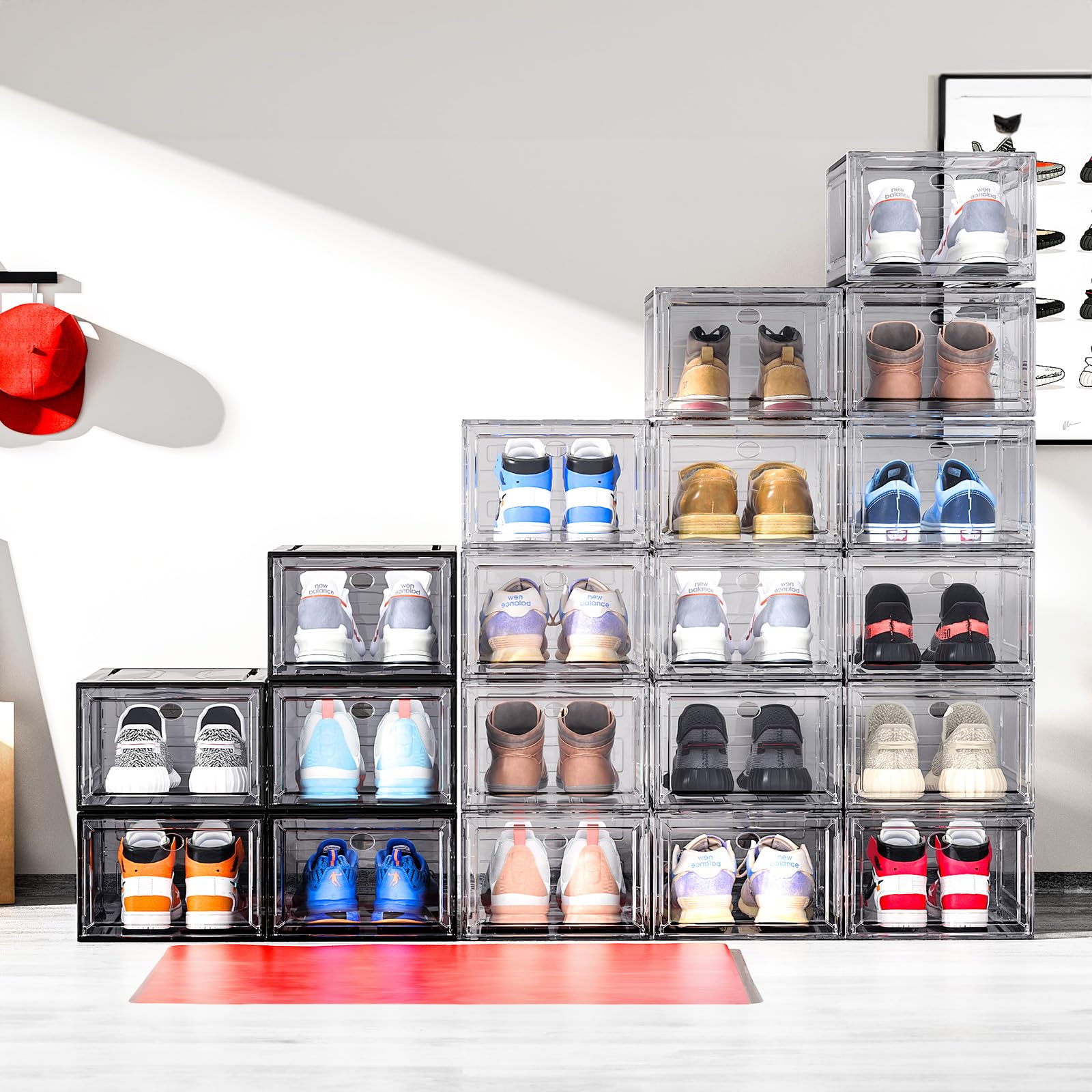 ARSTPEOE Upgrade Harder Solid Plastic Shoe Organizer, Shoe Storage with Magnetic Front Door, Shoe Rack 6 Pack Shoe Boxes Clear, Sneaker Storage, Shoe Organizer for Closet, Shoe Display Case, Black