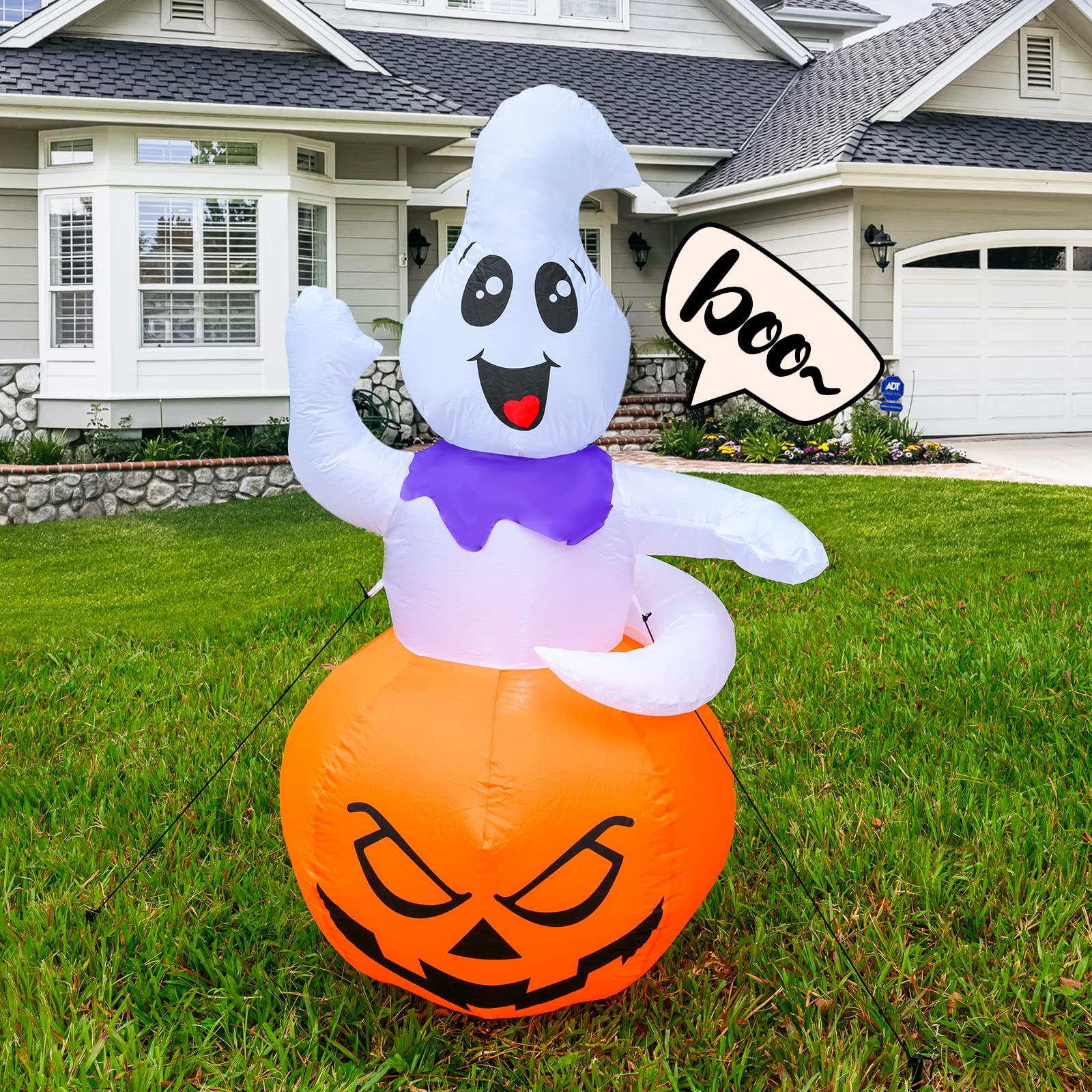 5 FT Halloween Inflatables Outdoor Decorations Ghost Pumpkin Decor with LED Lights and Air Pump Blow up Inflatable Clearance Halloween Decor Outside Garden Lawn Yard House