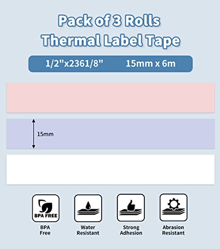 Phomemo D30 Label Maker Tape, Black on Lavender, White, Pink Sticker Thermal Paper, Long Self-Adhesive Label Tape, 15mm x 6m (1/2"x2361/8") Continuous Paper, 3 Roll