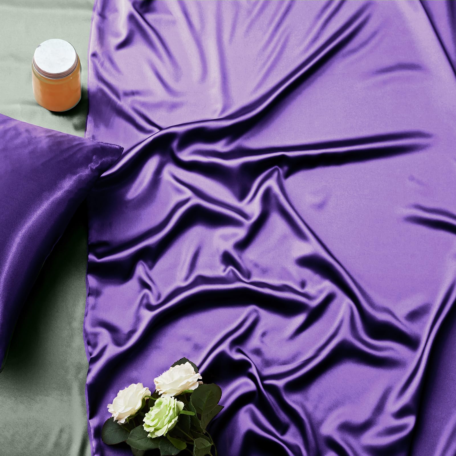 Manyshofu 6Pcs Dark Purple Duvet Cover Set Queen Size with Satin Fitted Sheet - Not Comforter, Cooling Satin Duvet Cover Sheets Silky Comforter Cover Set(4 Pillowcases, 1 Duvet Cover, 1 Fitted Sheet)