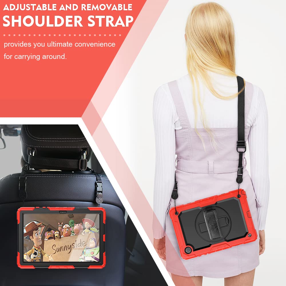 FS FANSONG Samsung Galaxy Tab A8 10.5 Inch Case 2022,SM-X200/X205/X207 Tablet Cover with Screen Protector Pencil Holder 360 Degree Rotating Kickstand and Shoulder Strap Red