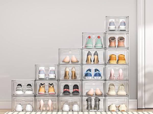 ARSTPEOE Upgrade Harder Solid Plastic Shoe Organizer, Shoe Storage with Magnetic Front Door, Shoe Rack 6 Pack Shoe Boxes Clear, Sneaker Storage, Shoe Organizer for Closet, Shoe Display Case, Black