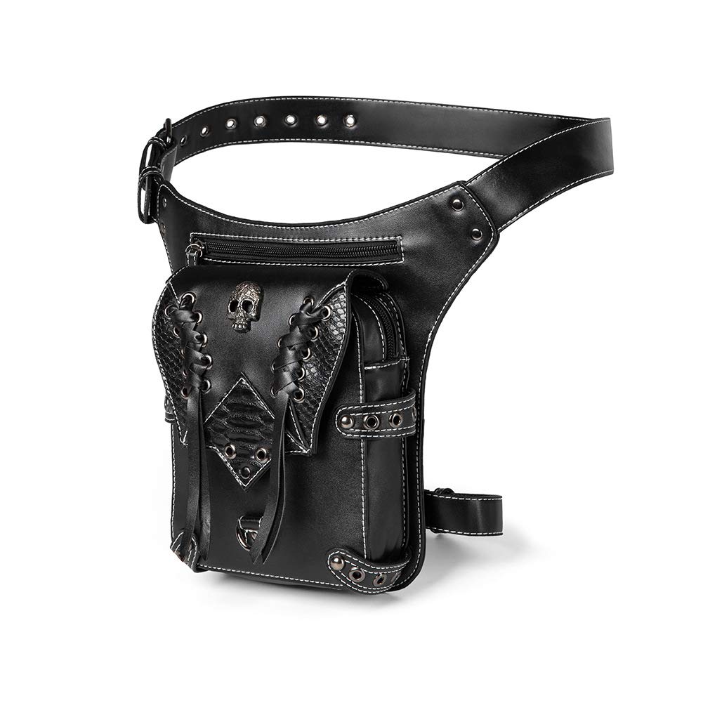 Gothic Waist Bag Fanny Pack Leather Steampunk Bag Purse Chain Leg Bag Crossbody Shoulder Messenger Hip Pouch (Black 038)