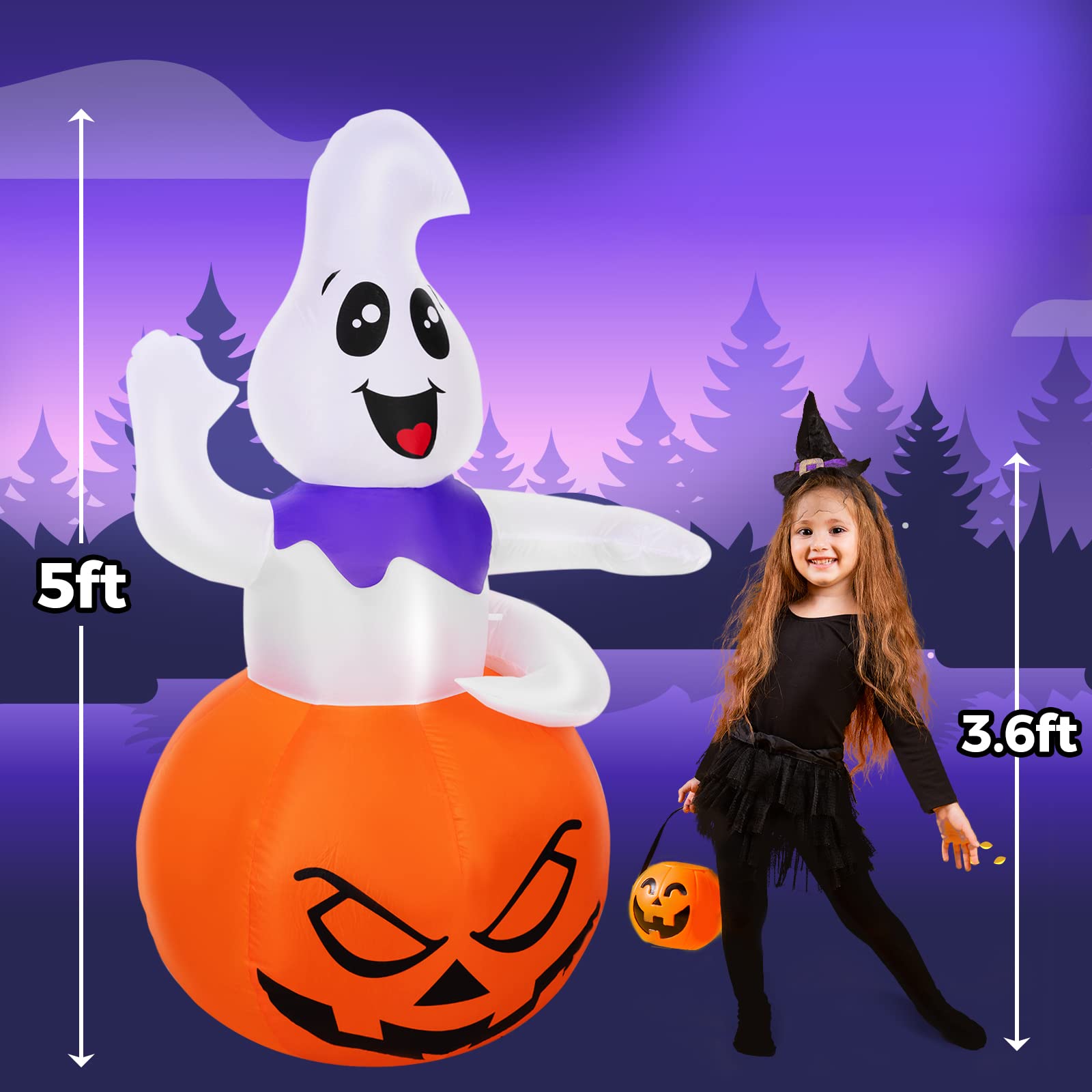 5 FT Halloween Inflatables Outdoor Decorations Ghost Pumpkin Decor with LED Lights and Air Pump Blow up Inflatable Clearance Halloween Decor Outside Garden Lawn Yard House