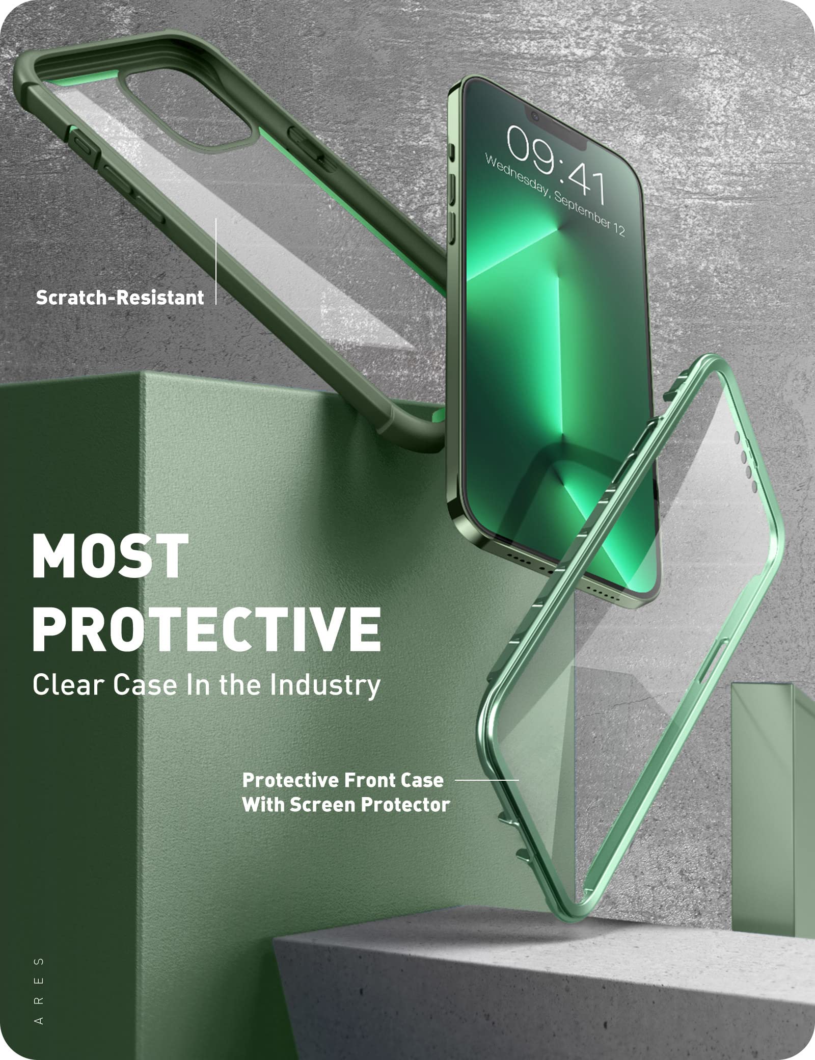 i-Blason Ares for iPhone 13 Pro Max Case 6.7 inch [Built-in Screen Protector] [Military-Grade Protection] Clear Full-Body Shockproof Rugged Bumper Phone Case for iPhone 13 Pro Max (Alpine Green)