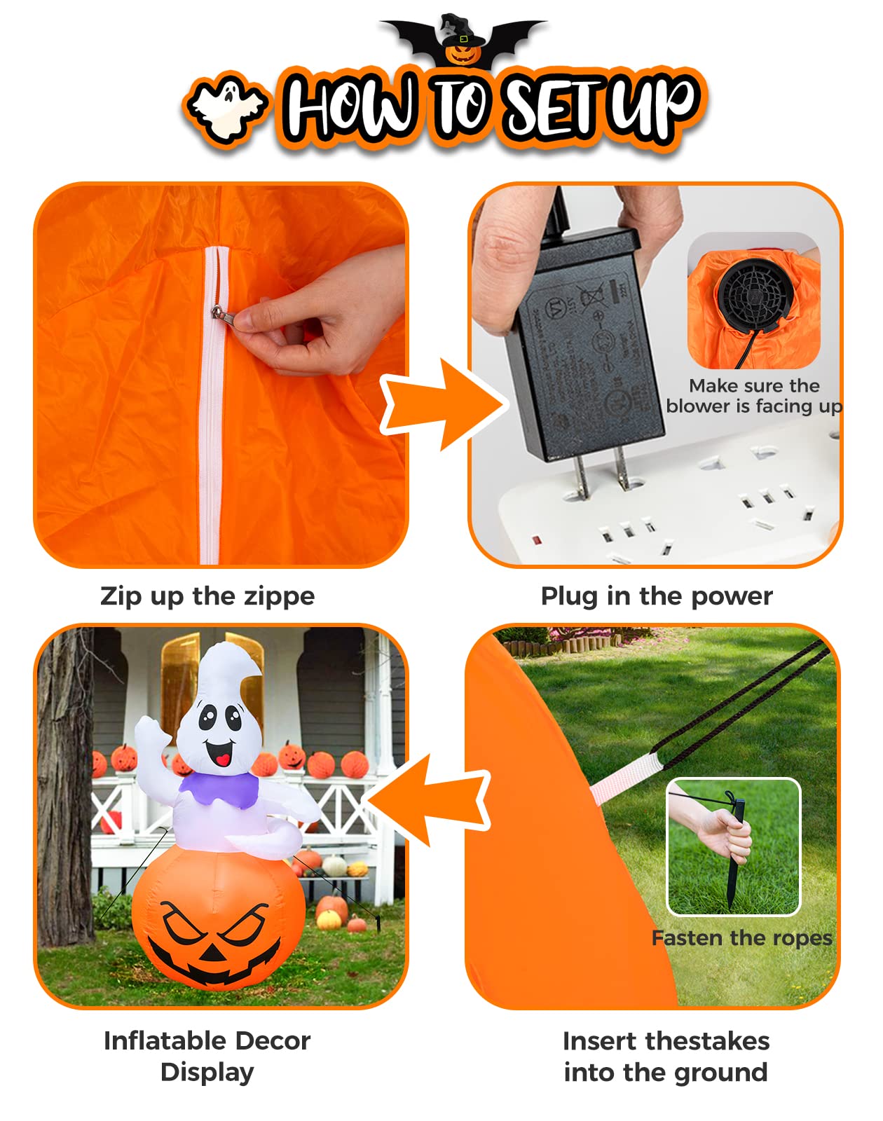 5 FT Halloween Inflatables Outdoor Decorations Ghost Pumpkin Decor with LED Lights and Air Pump Blow up Inflatable Clearance Halloween Decor Outside Garden Lawn Yard House