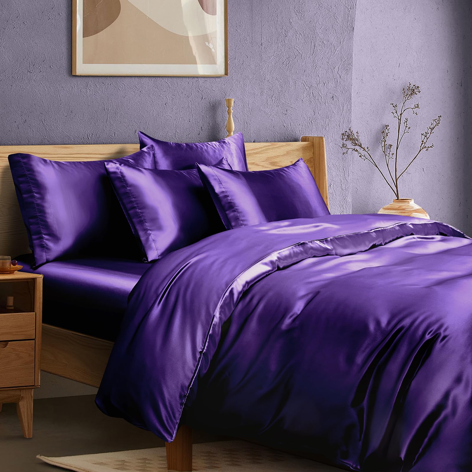 Manyshofu 6Pcs Dark Purple Duvet Cover Set Queen Size with Satin Fitted Sheet - Not Comforter, Cooling Satin Duvet Cover Sheets Silky Comforter Cover Set(4 Pillowcases, 1 Duvet Cover, 1 Fitted Sheet)