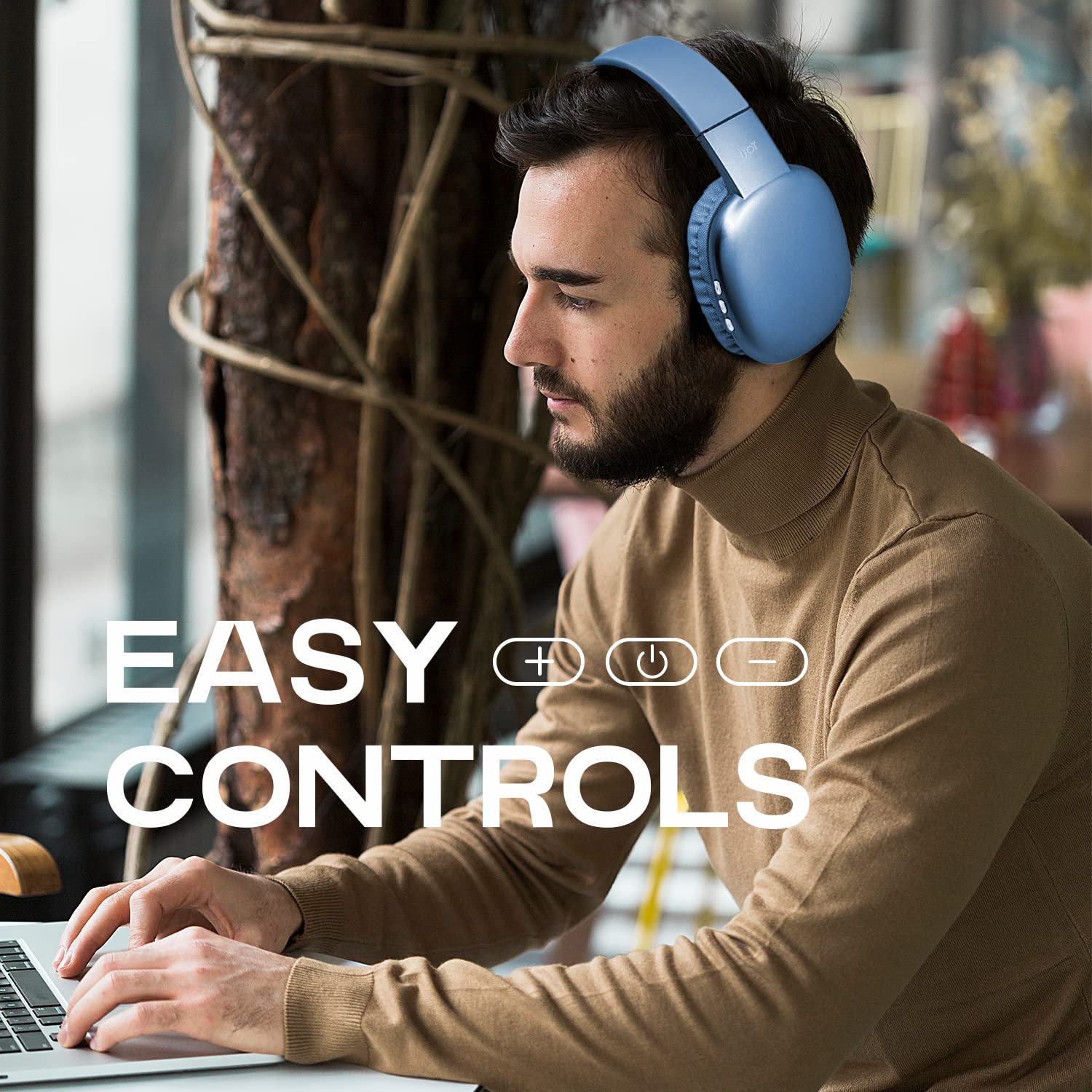 iJoy Ultra Wireless Headphones with Microphone- Rechargeable Over Ear Wireless Bluetooth Headphones with 10Hr Playtime, SD Slot, Backup Wire- Soft Cushion Wireless Headset with Mic (Blue)