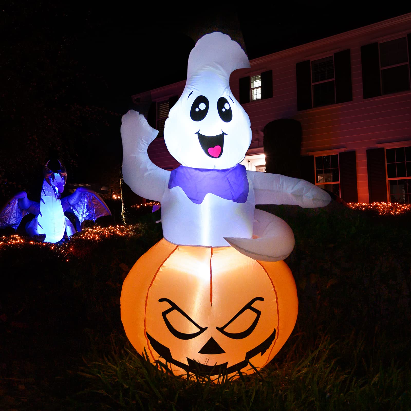 5 FT Halloween Inflatables Outdoor Decorations Ghost Pumpkin Decor with LED Lights and Air Pump Blow up Inflatable Clearance Halloween Decor Outside Garden Lawn Yard House