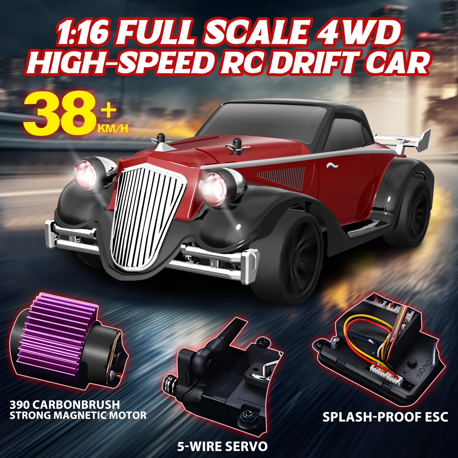 Desdoni RC Drift Car Full Proportional RTR Remote Control Car 1/16 Scale 38KM/H Fast 4WD RC Car 2.4Ghz with 6 Modes of Light 2Pcs Rechargeable Batteries Racing for Boys and Adults Gift