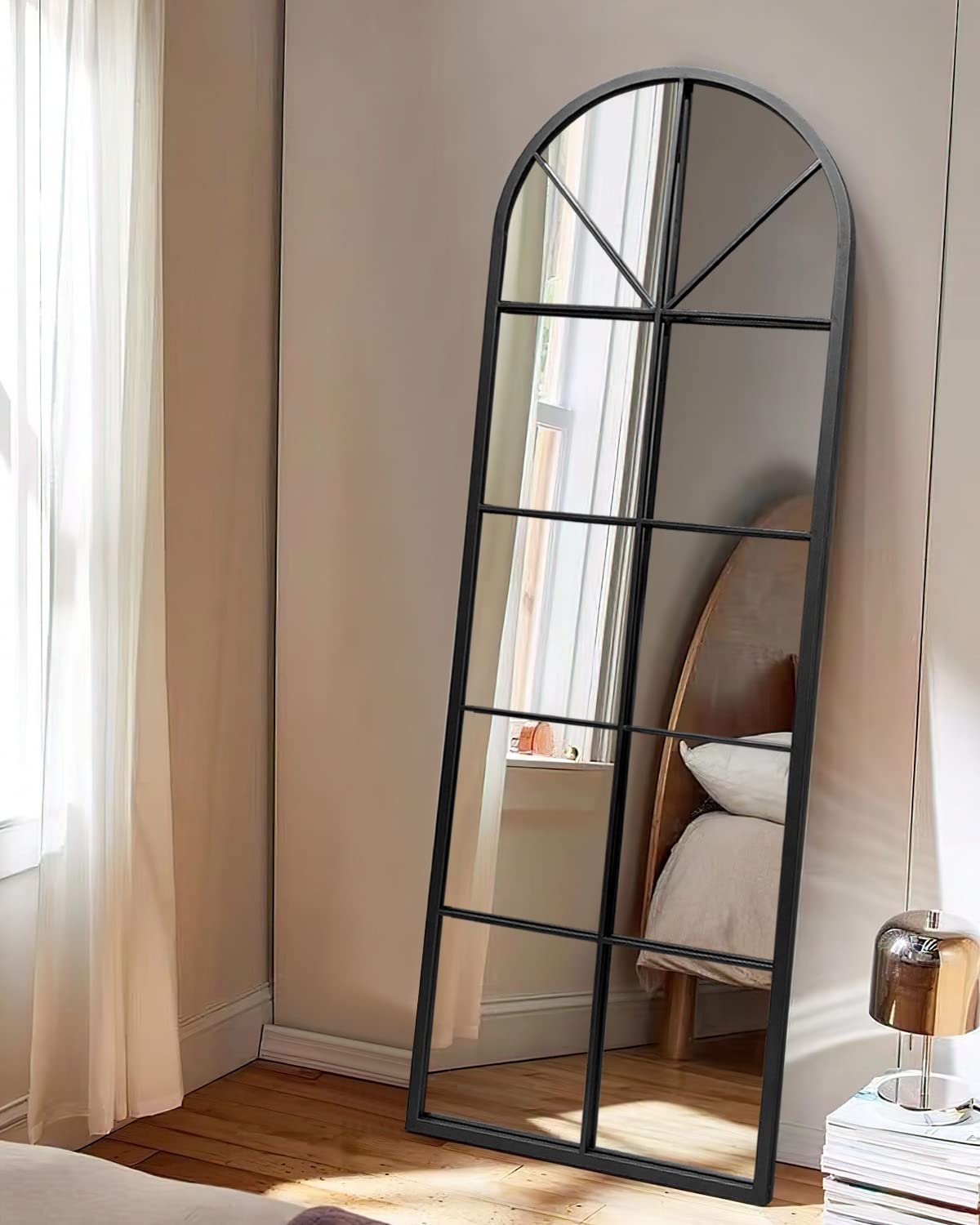 ZMYCZ Floor Full Length Mirror, Black Arched-Top, Large Window Pane Mirror, Wall Mounted Mirror, 65"x22" Standing Mirror Hanging or Leaning, Body Mirrors for Bedroom, No Stand