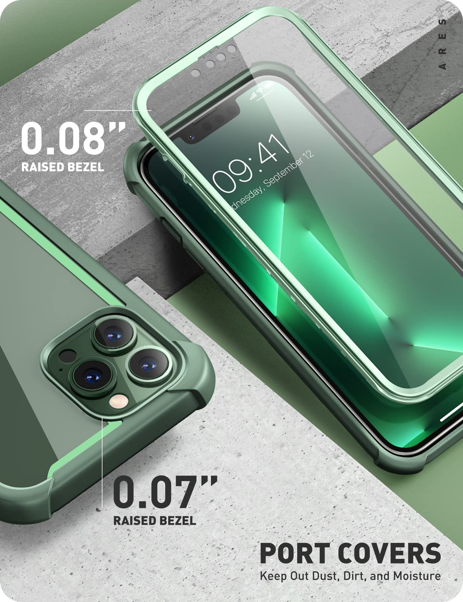 i-Blason Ares for iPhone 13 Pro Max Case 6.7 inch [Built-in Screen Protector] [Military-Grade Protection] Clear Full-Body Shockproof Rugged Bumper Phone Case for iPhone 13 Pro Max (Alpine Green)