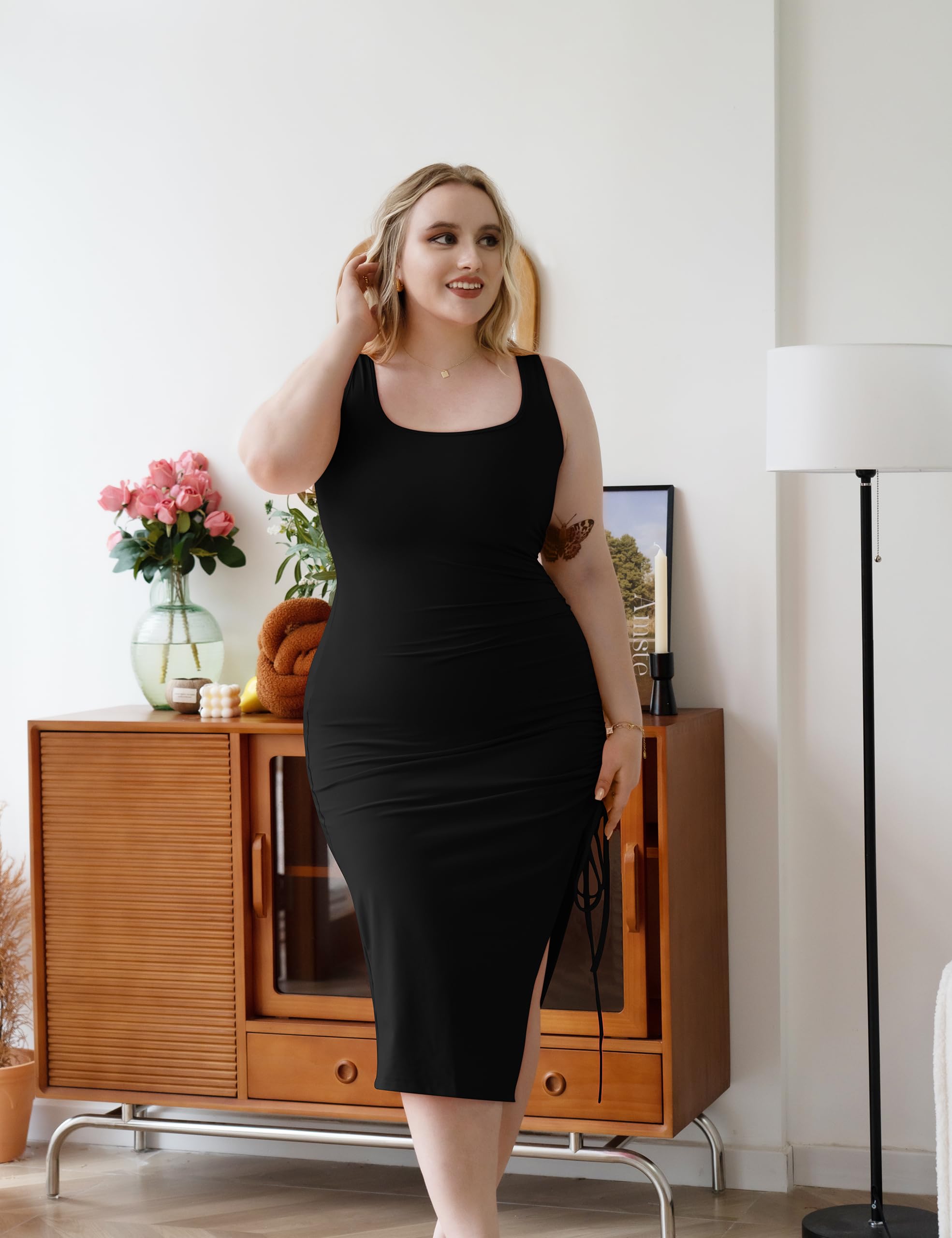 GOKATOSAU Women's Summer Sexy Sleeveless Side Split Bodycon Ruched Midi Tank Dress Black