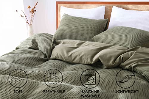 Moonline Duvet Cover Set,Textured Waffle Weave Olive Green Sage Duvet Cover King Size,Soft and Breathable Duvet Cover with Corner Ties (King, Olive Green)