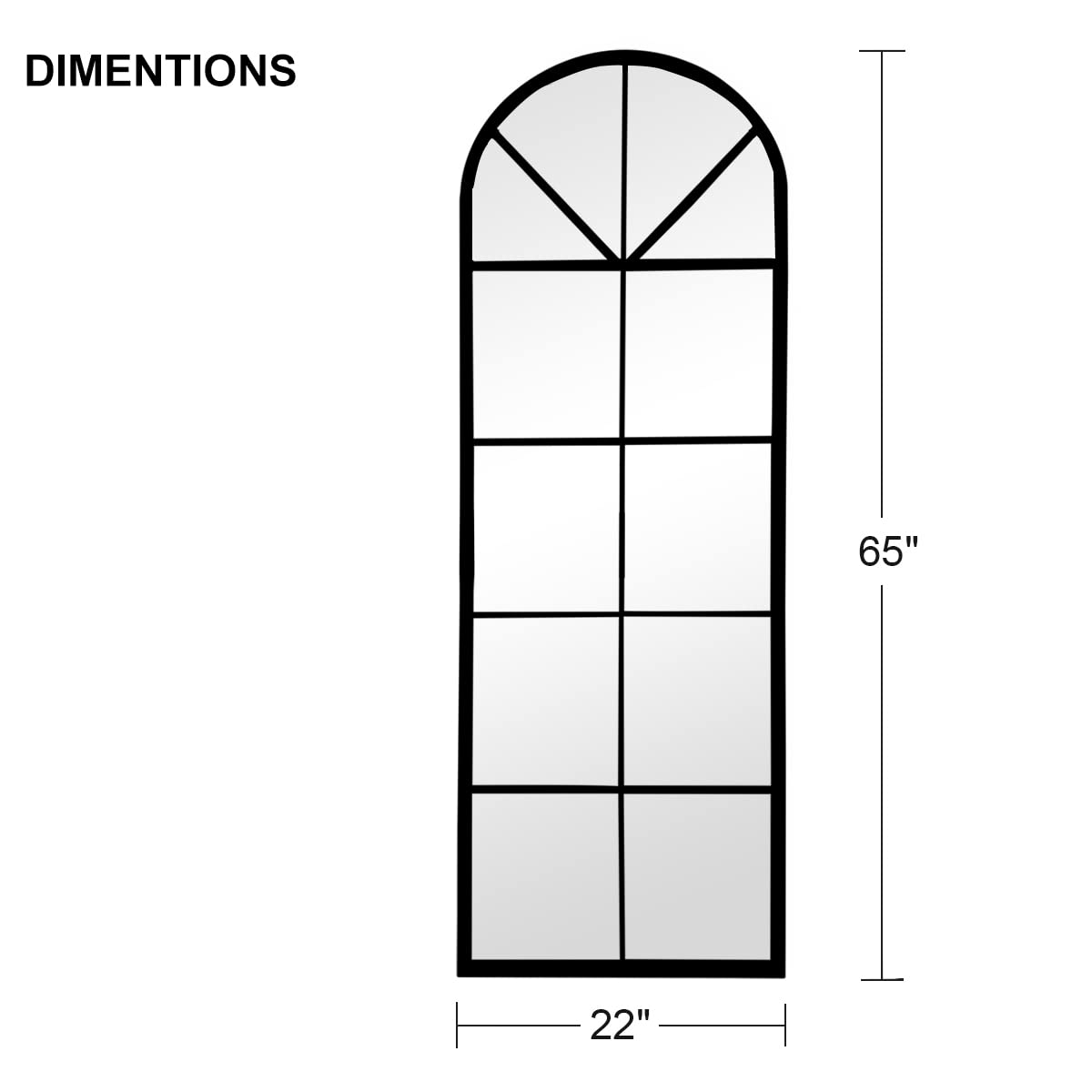 ZMYCZ Floor Full Length Mirror, Black Arched-Top, Large Window Pane Mirror, Wall Mounted Mirror, 65"x22" Standing Mirror Hanging or Leaning, Body Mirrors for Bedroom, No Stand