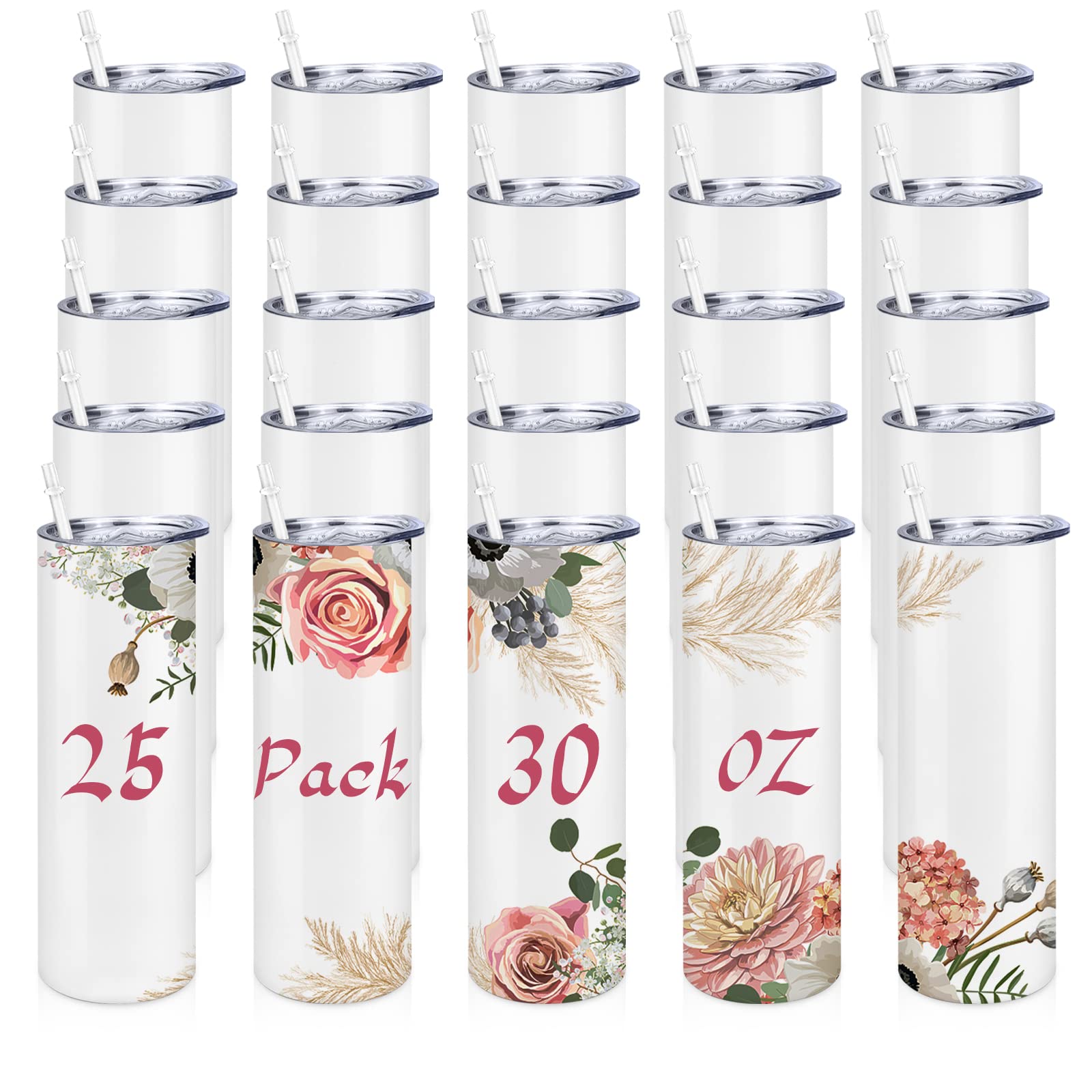 Amgkonp 25 Pack Straight Skinny Sublimation Tumbler 30oz with Straws and Lids,Stainless Steel Blank Skinny Double Wall Vacuum Insulated Tumblers Bulk,Stainless Steel Water Tumbler for DIY