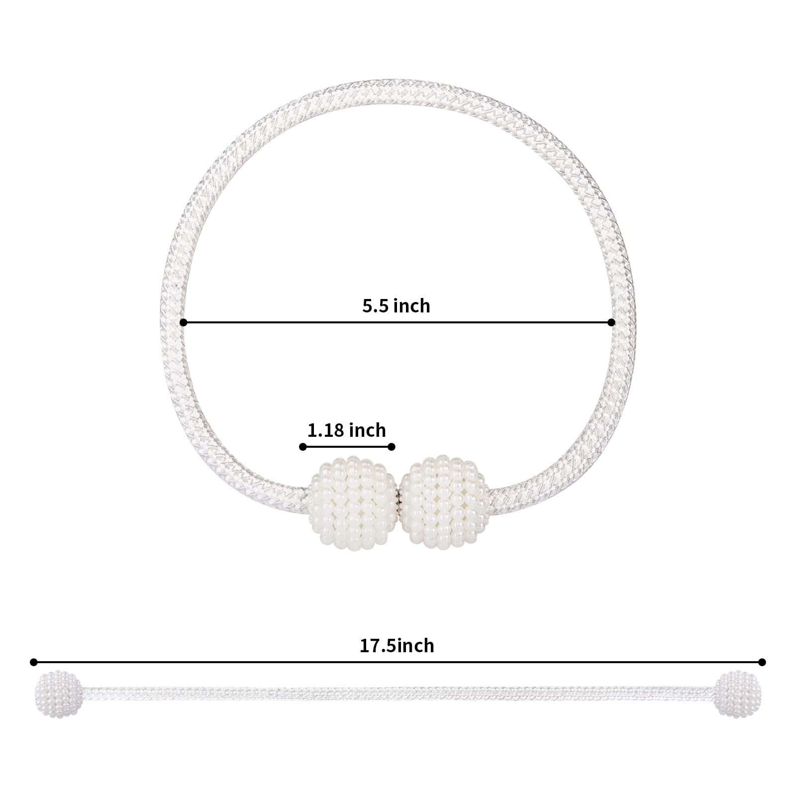 Kirecoo 2 Pack Curtain Tiebacks - Magnetic Curtain Tiebacks, Pearl Curtain Ties Decorative Rope, Curtain Holder Holdbacks for Drapes, Sheer Curtains (White)
