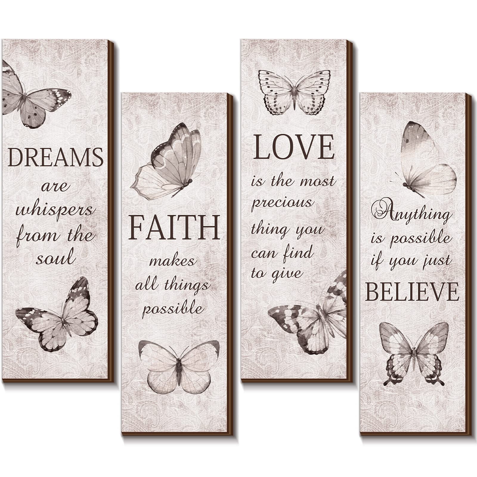 Qunclay 4 Pcs Butterfly Inspirational Quote Wooden Sign Love Faith Believe Dream Wall Decor Wood Flower Room Rustic Encouragement Signs for Home Decor Wall Bathroom(11 x 4 Inch)