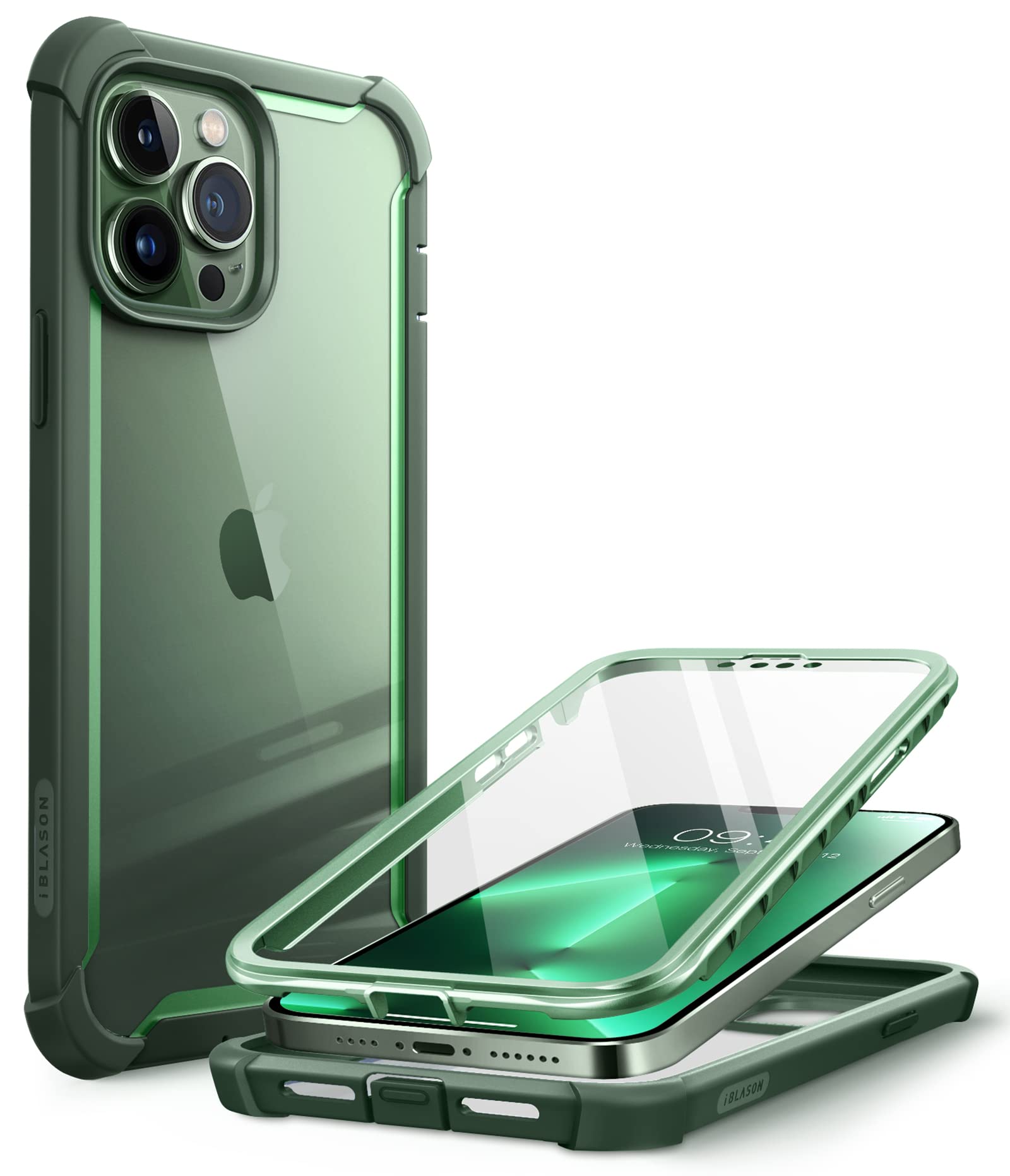 i-Blason Ares for iPhone 13 Pro Max Case 6.7 inch [Built-in Screen Protector] [Military-Grade Protection] Clear Full-Body Shockproof Rugged Bumper Phone Case for iPhone 13 Pro Max (Alpine Green)