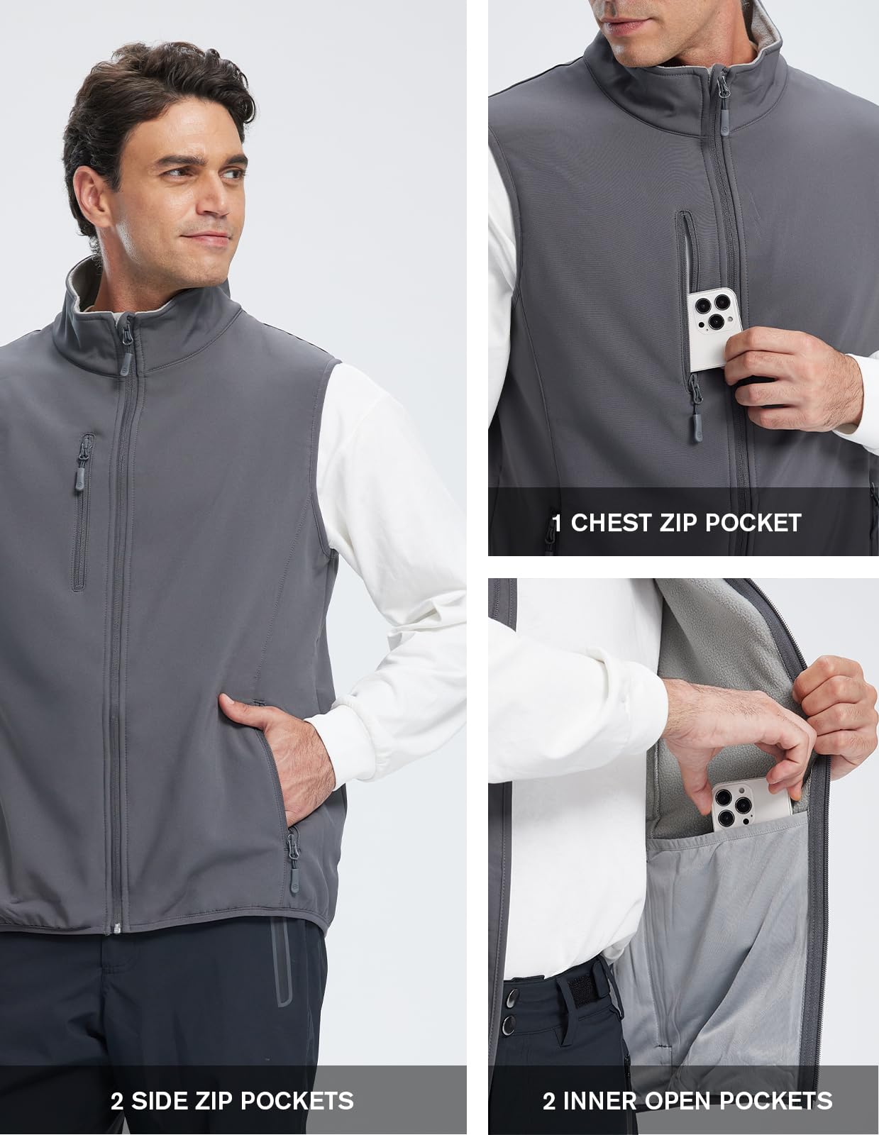 fit space Men's Lightweight Vest Softshell Sleeveless Windproof Jacket with Zipper Pcoket Cycling Travel Hiking Running Golf (Grey, Large)