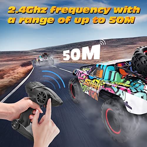 O WOWZON 1:12 Scale Short-Course RC Truck Large 4WD Hobby Crawler Grade Replaceable Spare Tire All Terrains Monster Crawler 2 Rechargeable Batteries for Age 6+ Boys Kids and Adults